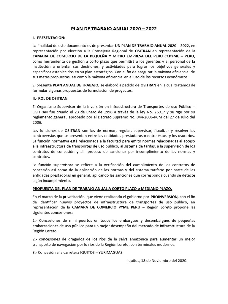 Plan de Trabajo Anual OSITRAN 2020-2022 | PDF