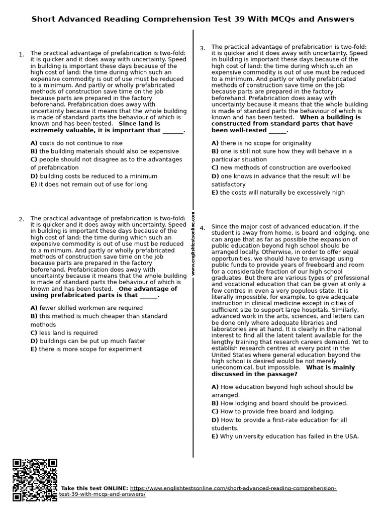 882 - Short Advanced Reading Comprehension Test 39 With Mcqs and ...