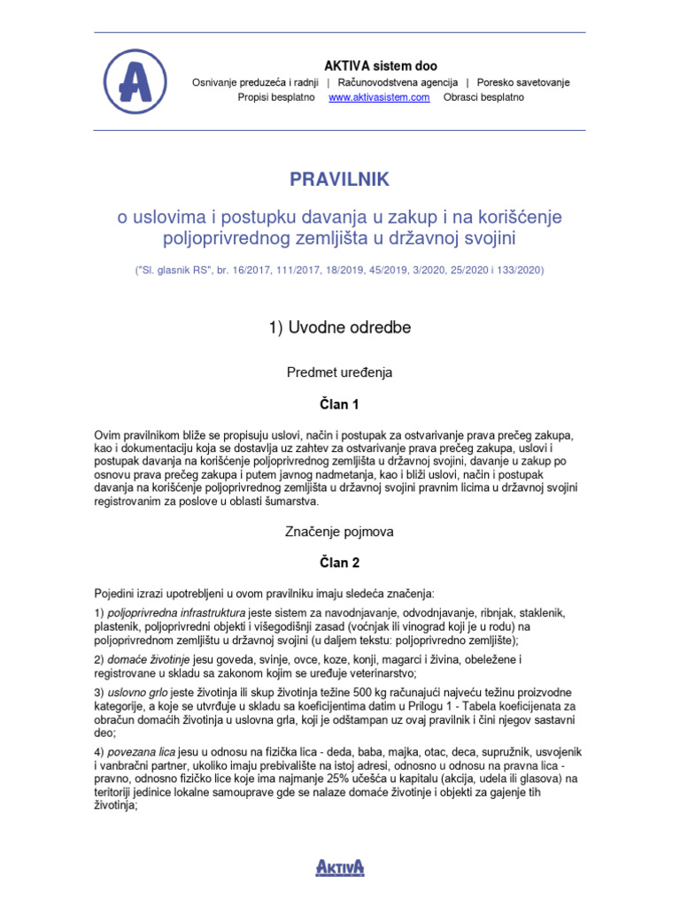 Pravilnik O Davanju U Zakup Poljoprivrednog Zemljista U Drzavnoj Svojini | PDF