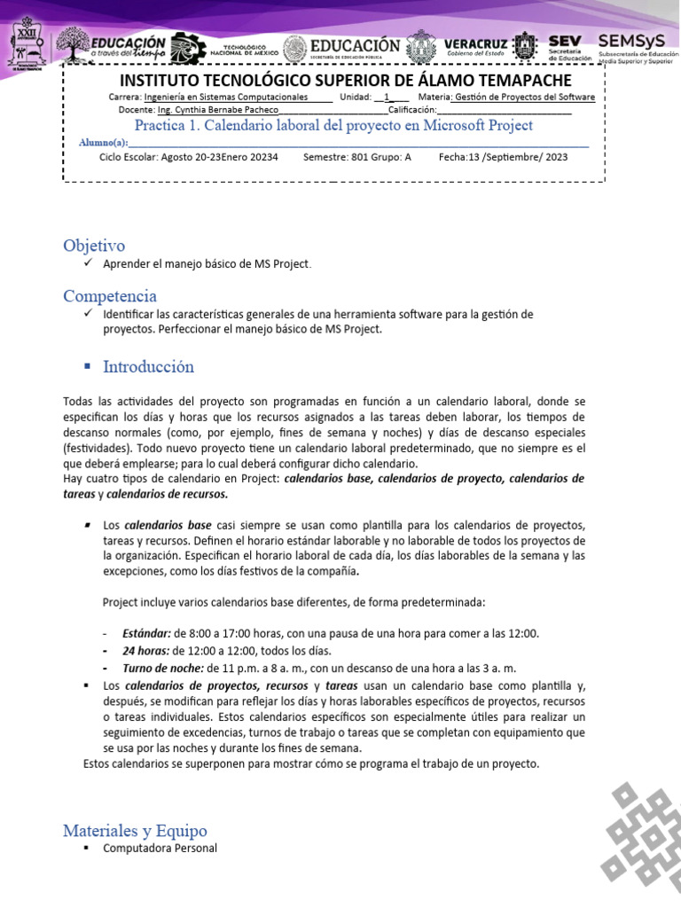Practica 1. Calendario Laboral Del Proyecto en Microsoft Project | PDF | Calendario | Software