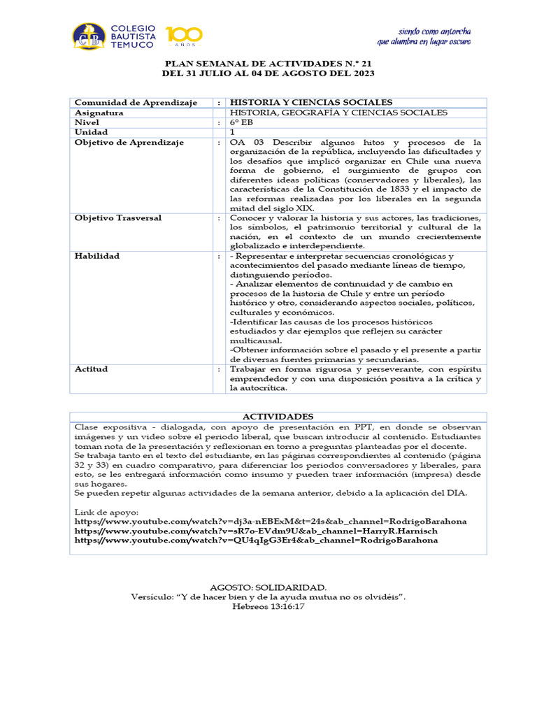 6° Eb Historia Plan Semanal N21 1 | PDF