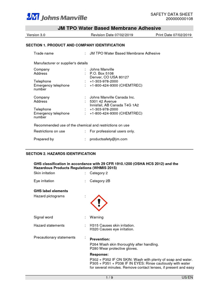 JM TPO Water Based Membrane Adhesive SDS 1796511 | PDF