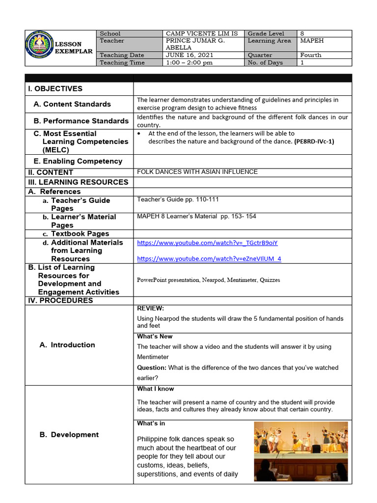 Demo_Lesson_Exemplar_COT2_JUMAR (2) | PDF | Dances | Learning