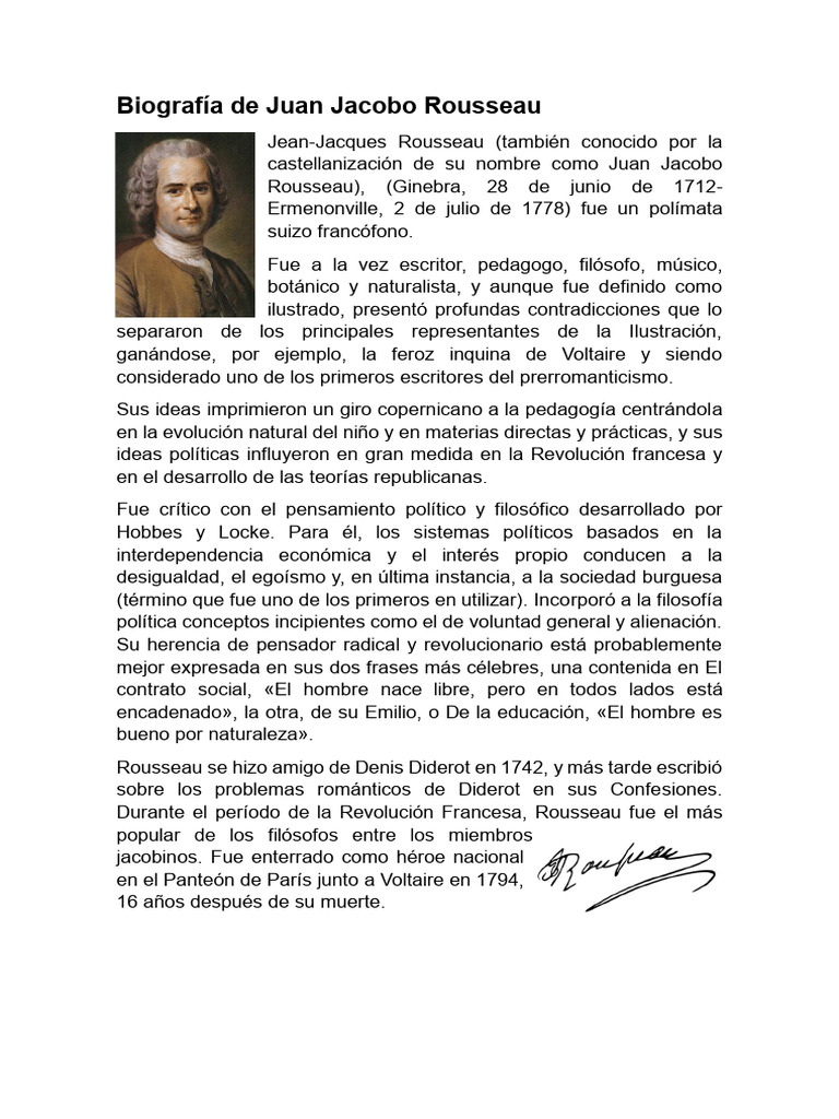 Biografía Juan Jacobo Rousseau J Pedagogía | PDF