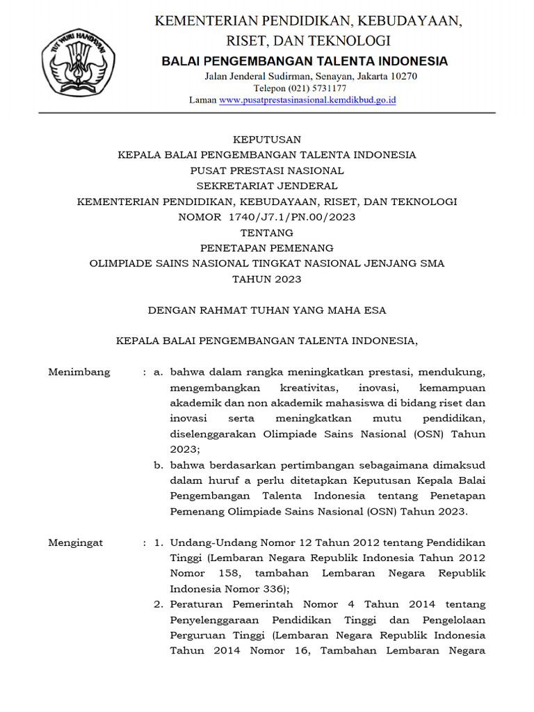 SK Pemenang OSN Nasional SMA | PDF