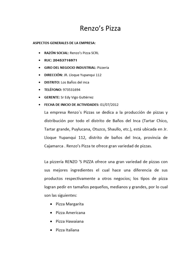 Renzo's Pizza: Variedad y Calidad en Cajamarca | PDF