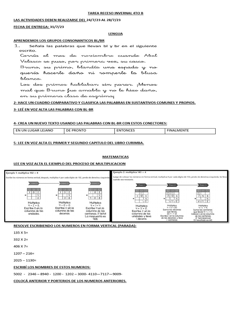 Actividades Receso Invernal 4to B | PDF