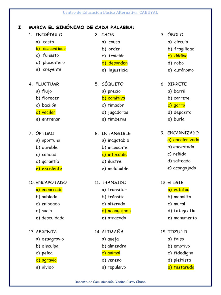 Práctica de Sinónimos - Resuelta | PDF