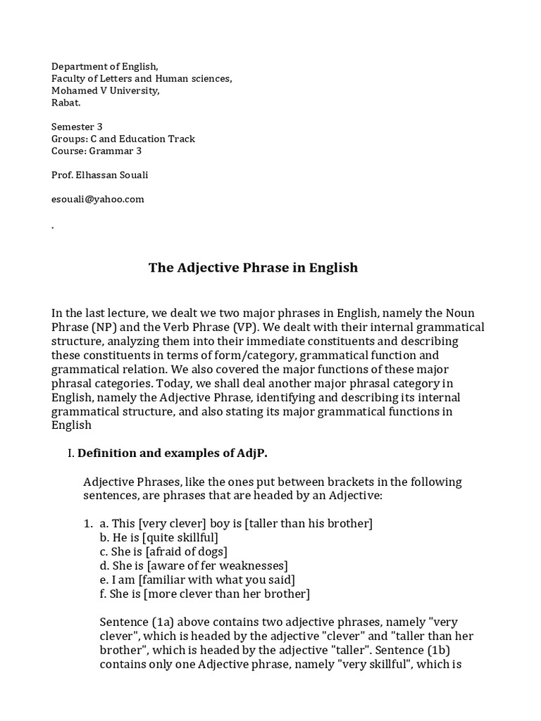 Adjective Phrase, Prof Souali | PDF | Phrase | Adjective