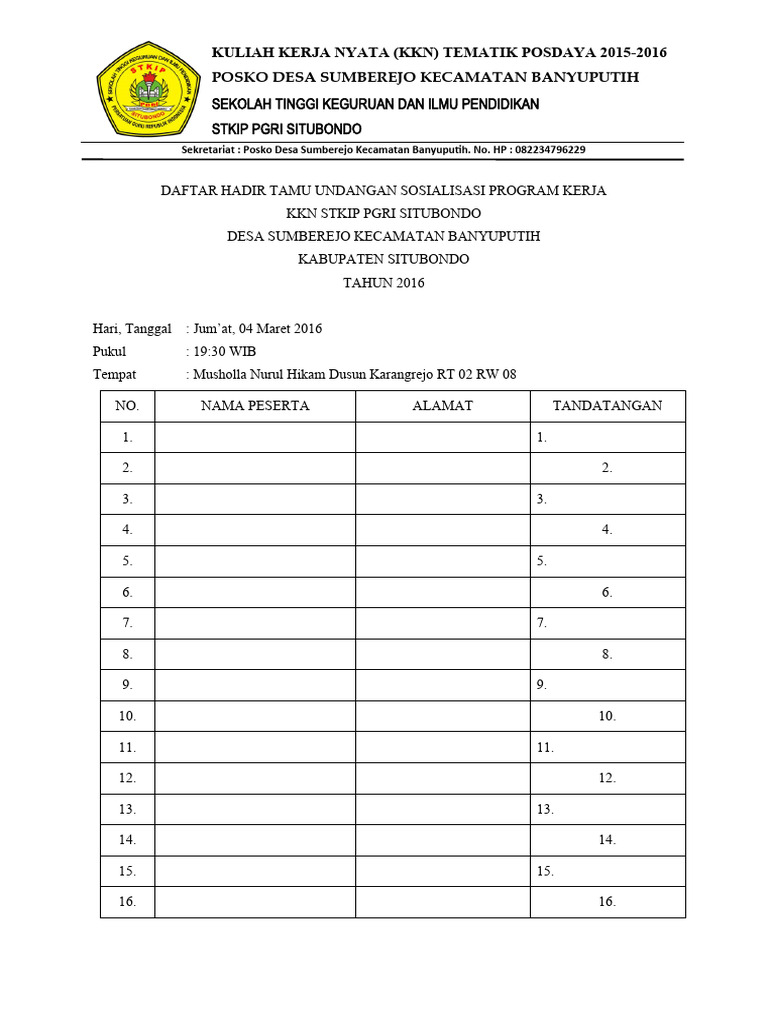 Daftar Hadir Tamu Undangan Sosialisasi Program Kerja | PDF Daftar Hadir Tamu Undangan Sosialisasi Program Kerja | PDF