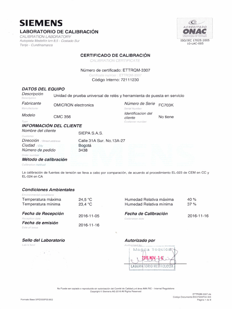 Certificado Calibración CMC 356 | Descargar gratis PDF | Metrología