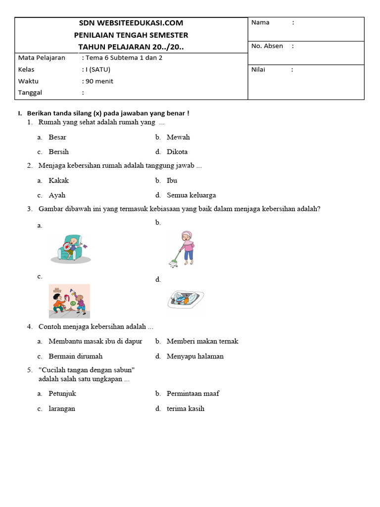 Soal PTS Kelas 1 Tema 6 Subtema 1 Dan 2 | PDF