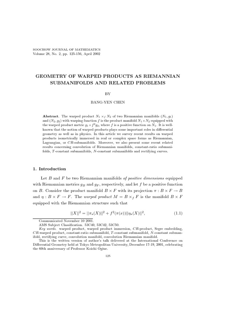 Geometry of Warped Products As Riemannian Submanifolds | PDF | Manifold ...