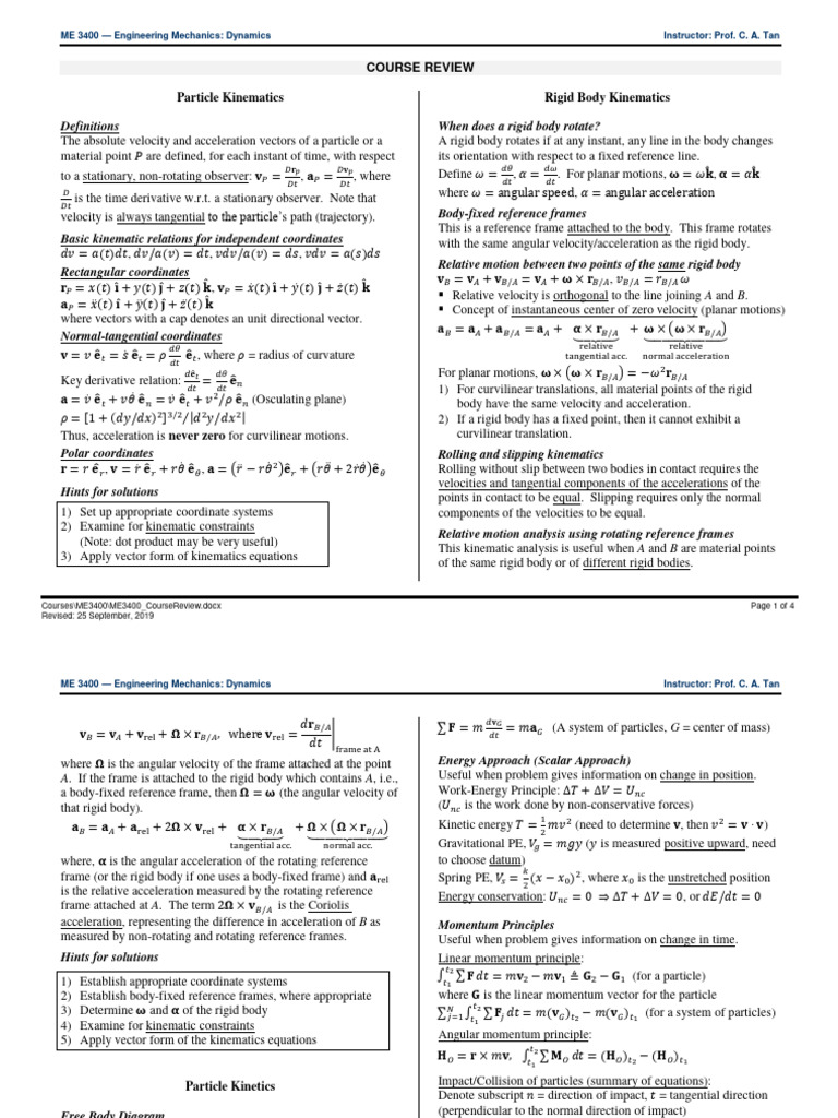 Dynamics Formulas | PDF | Kinematics | Acceleration