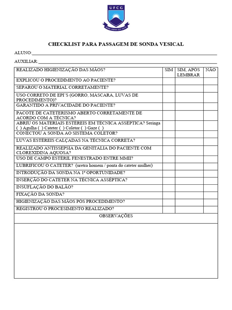 Checklist para Passagem de Sonda Vesical | PDF
