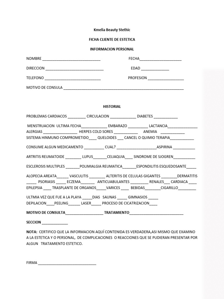 FICHA CLIENTE DE ESTETICA | PDF