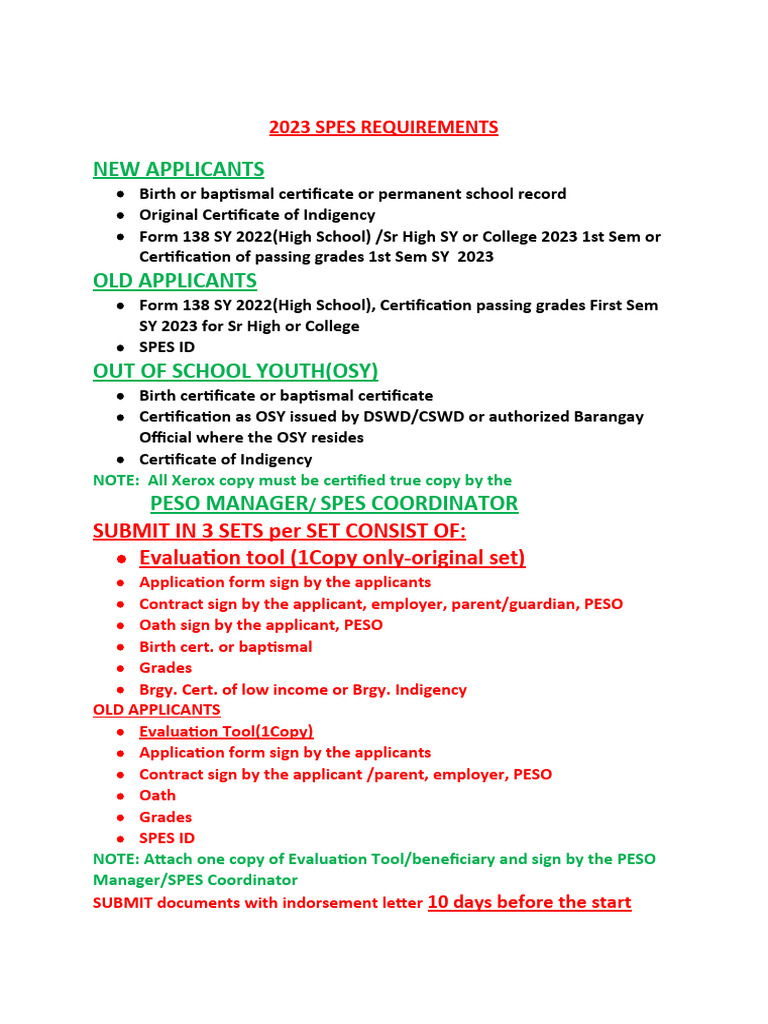 2023 Spes Requirements | PDF