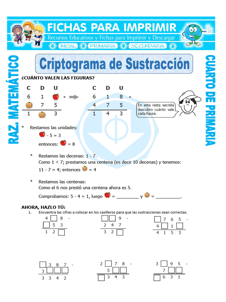 Criptograma de Sustracción para Cuarto de Primaria | PDF