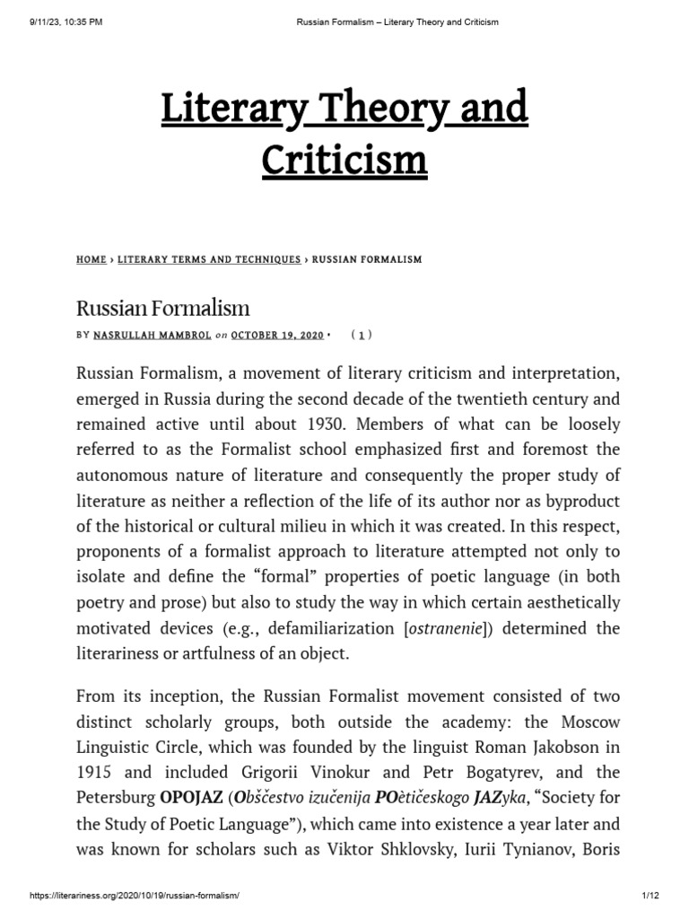 Russian Formalism Literary Theory And Criticism Pdf