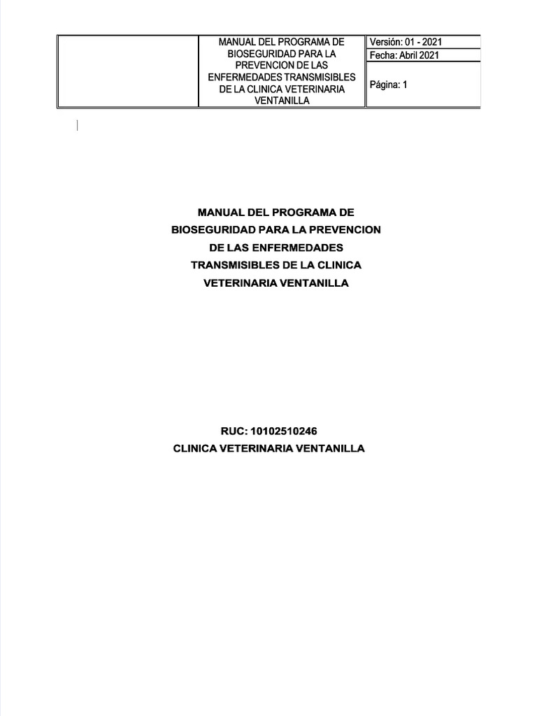 PDF Bioseguridad para La Prevencion de Emfermedades Transmisibles Clinica Veterinaria Ventanilla ...