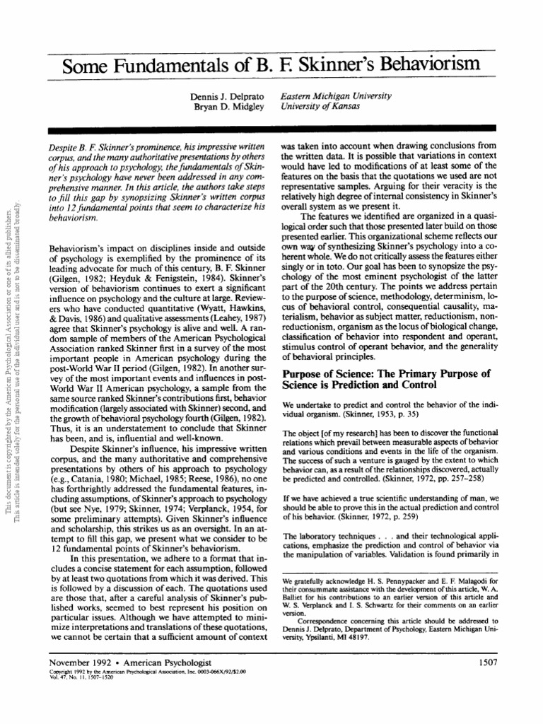 Some Fundamentals of B. E Skinner's Behaviorism | PDF