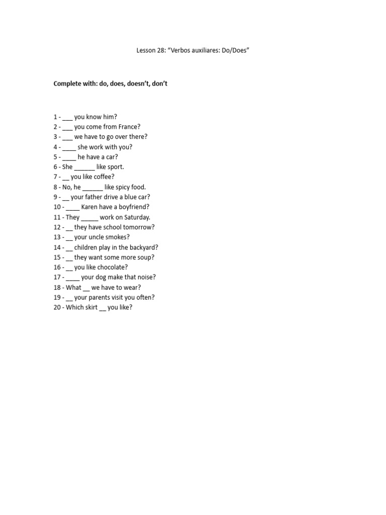 Lesson 28 Verbos Auxiliares Do Does Docx 4 Pdf