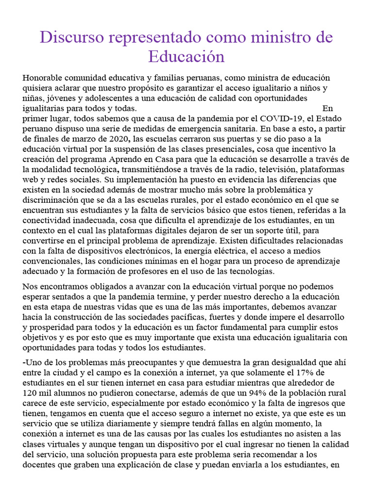 Discurso Representado Como Ministro De Educación Pdf