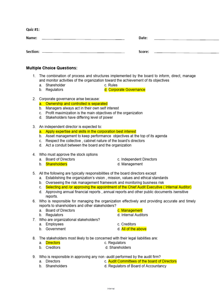 Corporate Governance Quiz and Answers | PDF | Audit | Corporate Governance
