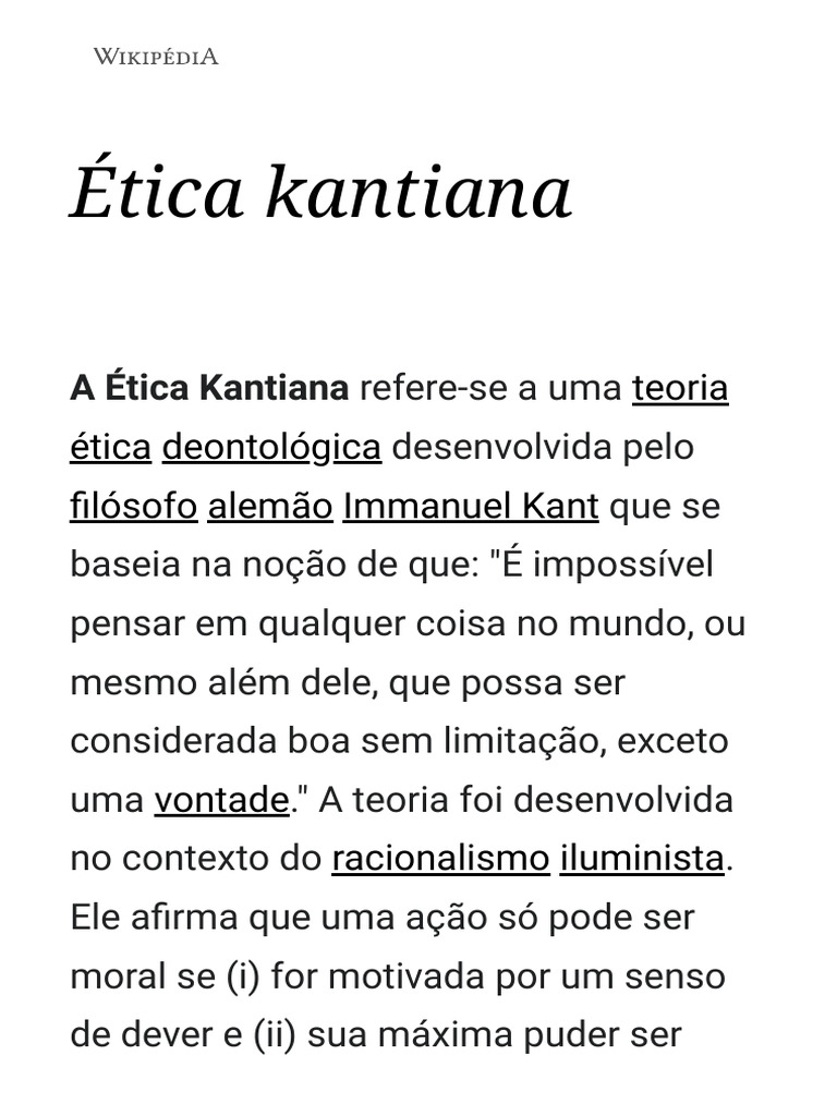 Ética Kantiana - Wikipédia, A Enciclopédia Livre | PDF