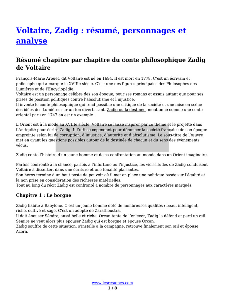 Voltaire Zadig Resume Personnages Et Analyse | PDF | Droit