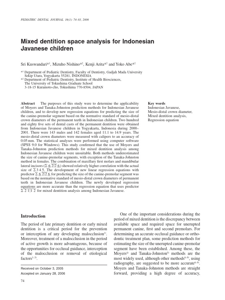 Mixed Dentition Space Analysis For Indonesian Javanese Children | PDF ...