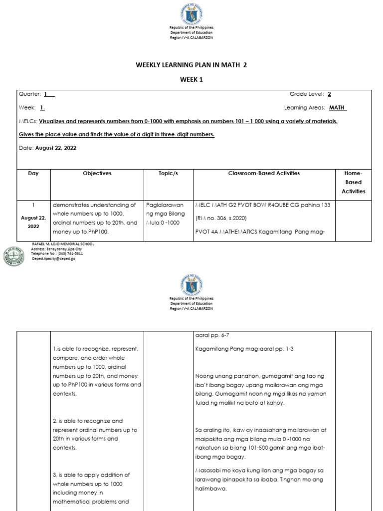 WLP Math Week 1 | PDF