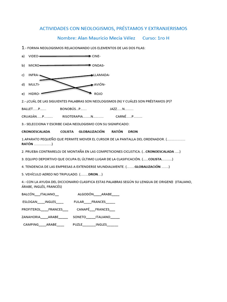 Actividades Con Neologismos, Préstamos y Extranjerismos | PDF Actividades Con Neologismos, Préstamos y Extranjerismos | PDF