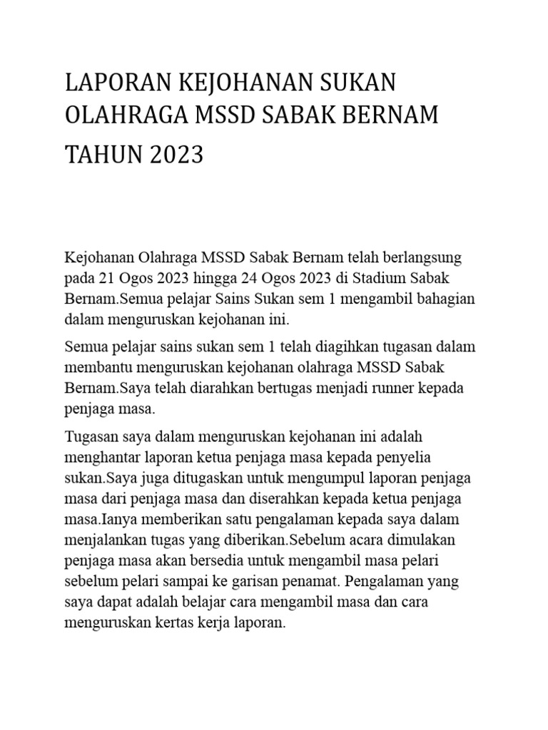 Laporan Kejohanan Sukan Olahraga MSSD Sabak Bernam | PDF