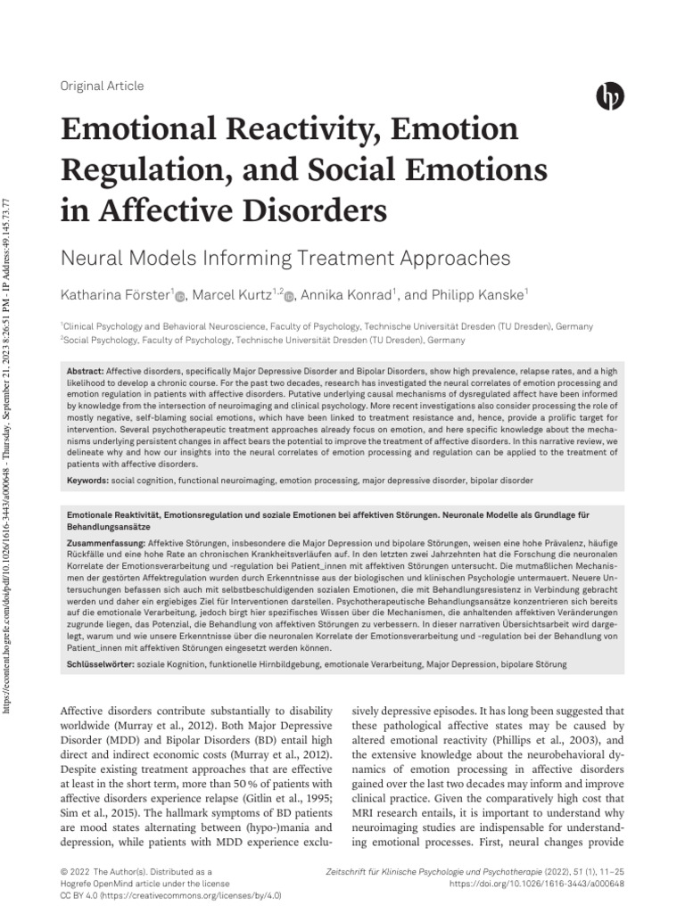 Förster Et Al 2022 Emotional Reactivity Emotion Regulation and Social ...