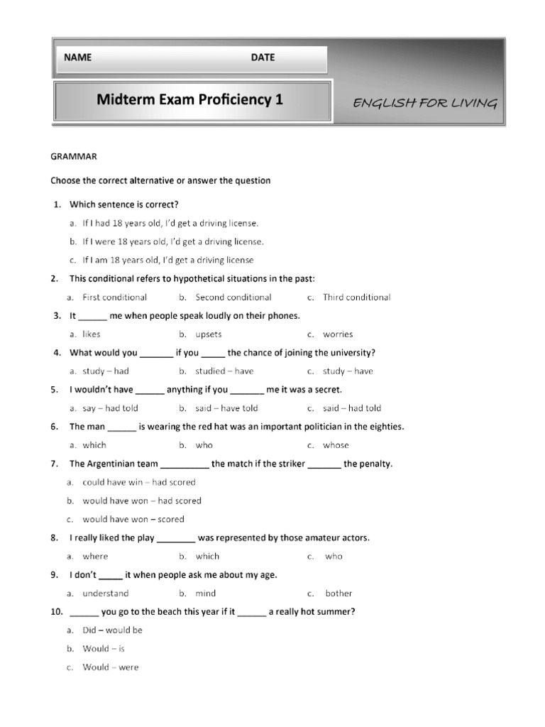 English For Living Midterm Exam Proficiency 1 | PDF