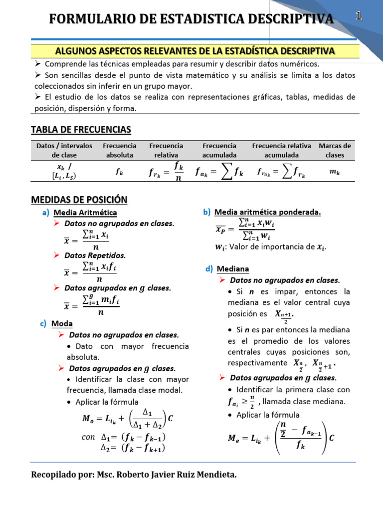 Formulario de Estadística Descriptiva | PDF | Oblicuidad | Mediana