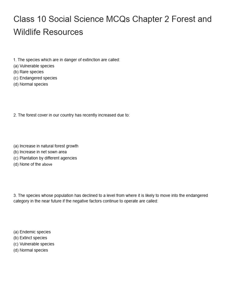 MCQ Questions For Class 10 Social Science Forest and Wildlife Resources ...