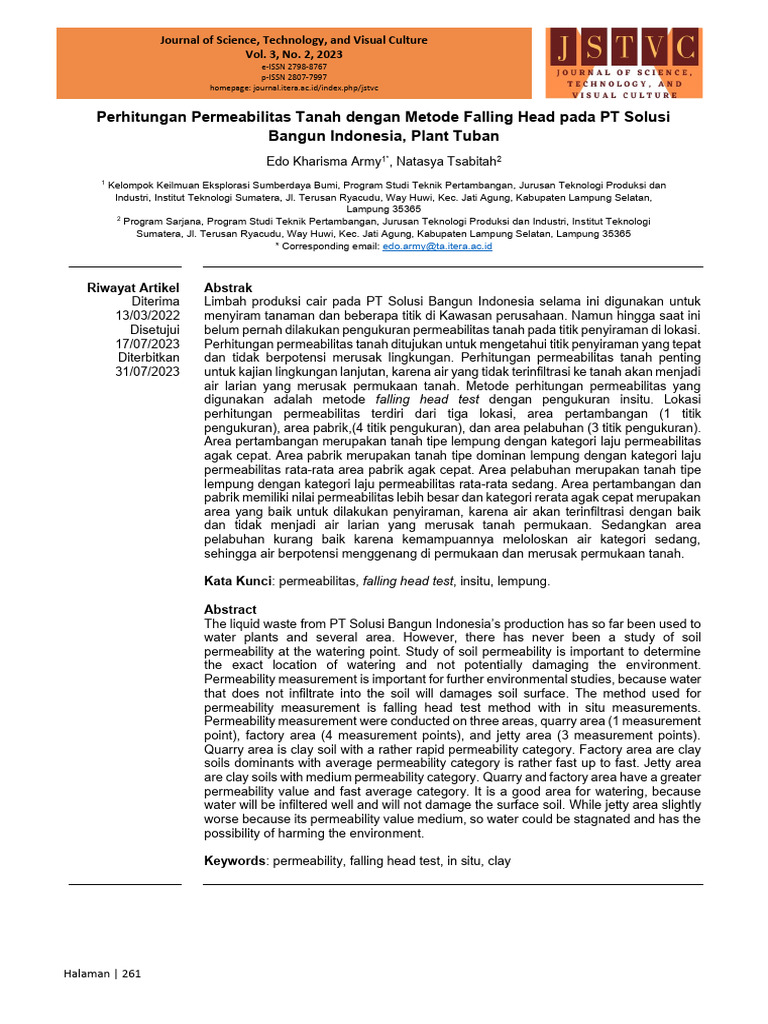 Perhitungan Permeabilitas Tanah Dengan Metode Falling Head Pada PT Solusi Bangun Indonesia ...