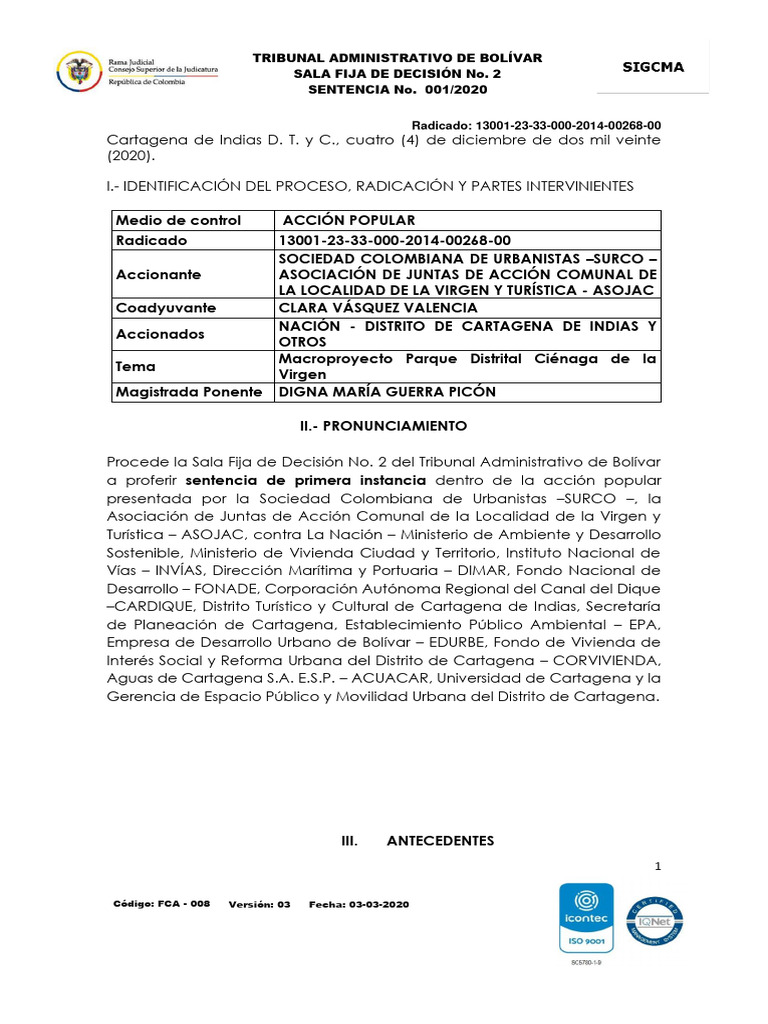 CIENAGA DE LA VIRGEN-SENTENCIA 000-2014-00268-00 Acción Popular | PDF | Sentencia (ley ...