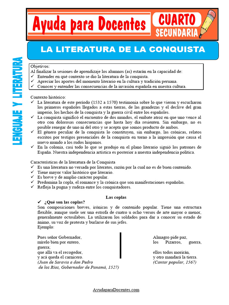 La Literatura de La Conquista para Cuarto de Secundaria | PDF