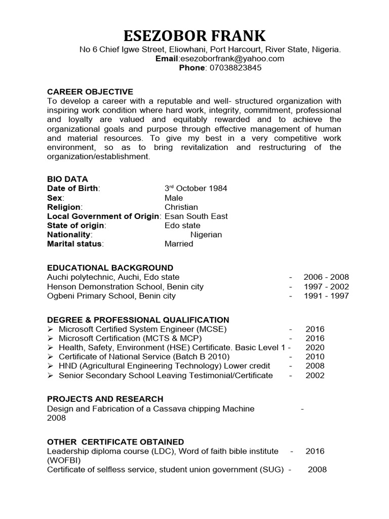 ESEZOBOR FRANK CV Upd8 | PDF | Nigeria