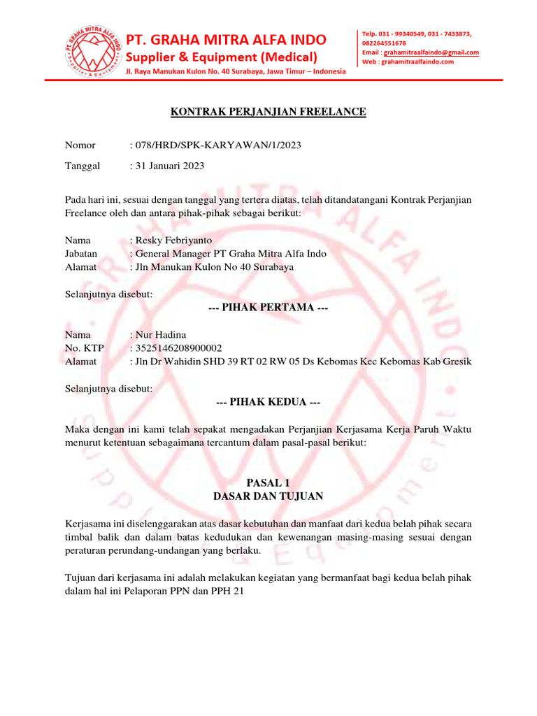 Surat Perjanjian Kerja Freelance | PDF