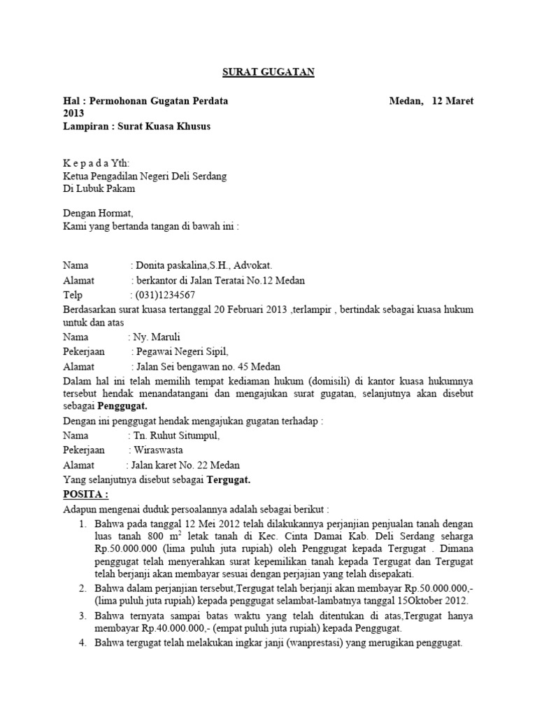 Surat Gugatan Dan Eksepsi Perdata | PDF