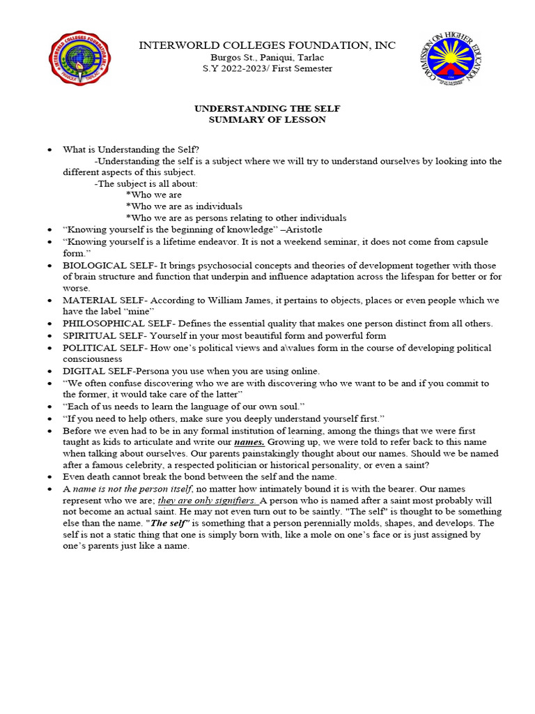 Uts Summary Reviewer | PDF | Self | William James