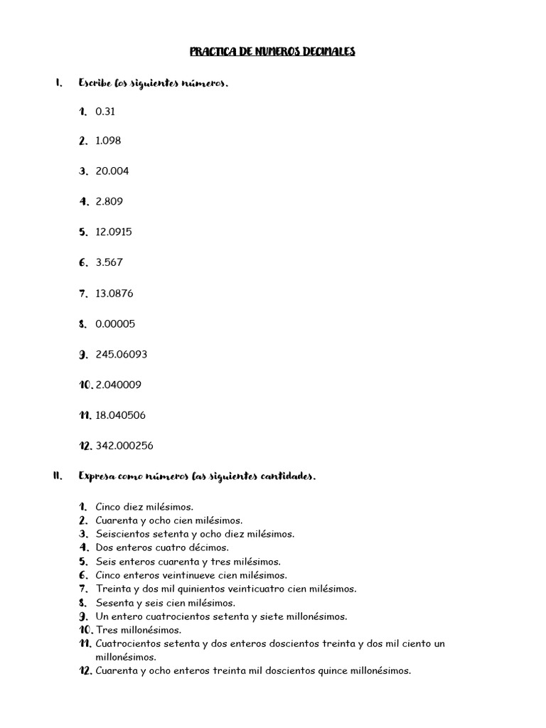 Practica de Numeros Decimales | PDF