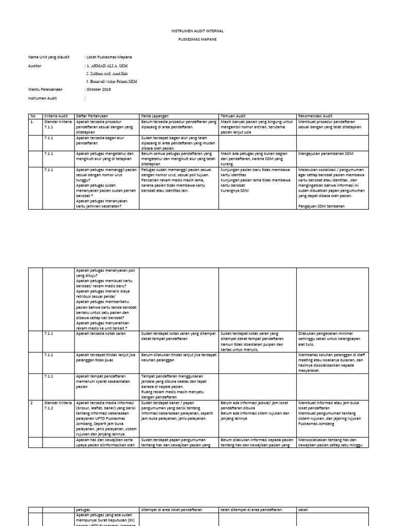 Instrumen Audit Internal Loket Pendaftaran | PDF