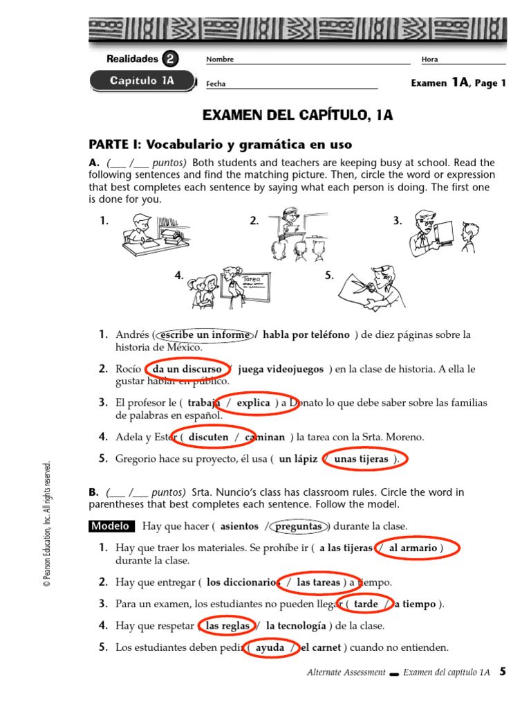 Examen del Capítulo 1A: Realidades | PDF