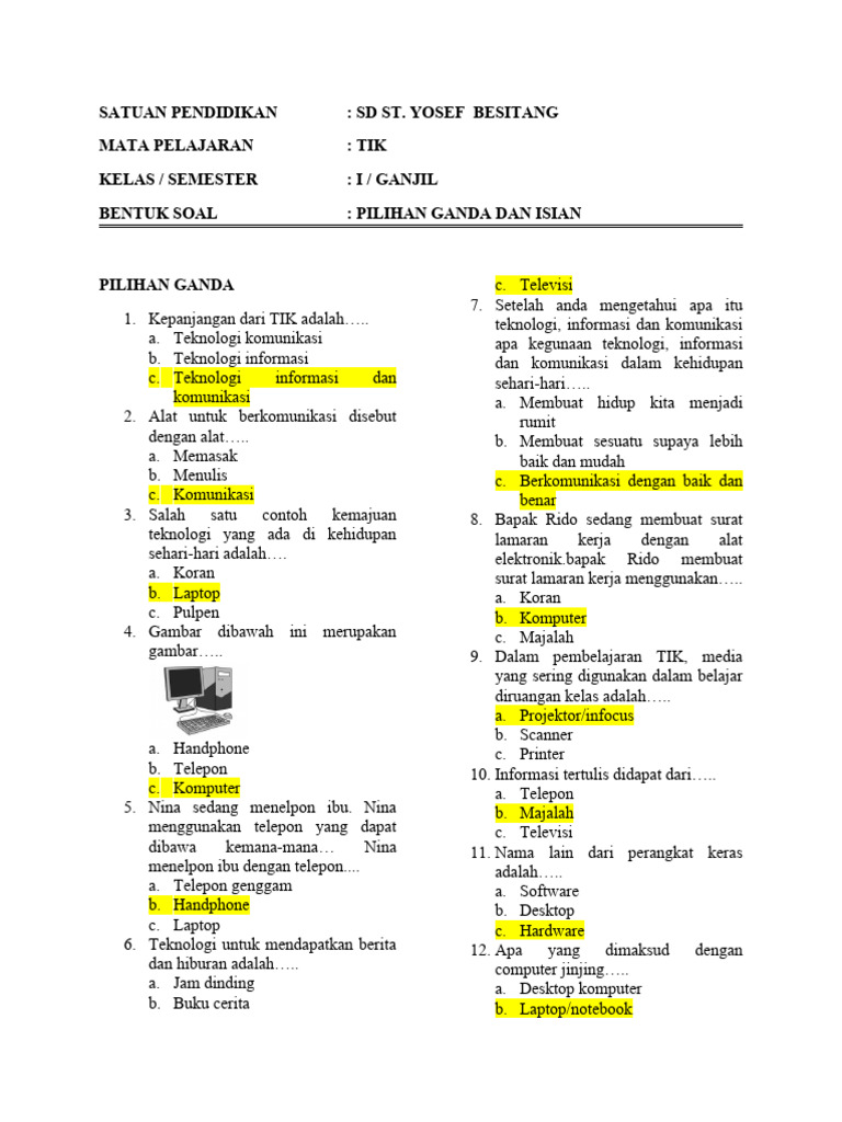Soal Tik Kelas 1 | PDF