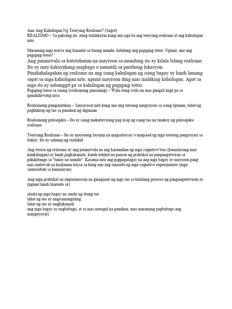 Ano Ang Kahulugan NG Teoryang Realismo | PDF